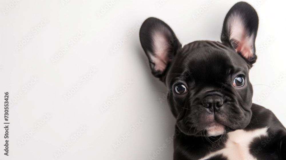 Tiny black french bulldog puppy laying down, frenchie on white ...