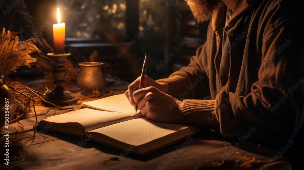 Authentic moment of a thoughtful man writing in his journal - royalty ...