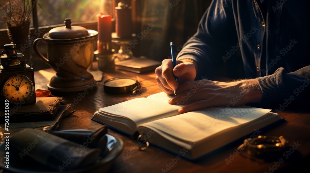 Authentic moment of a thoughtful man writing in his journal - royalty ...