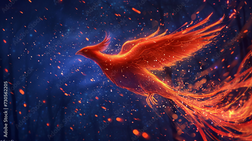 An ethereal firebird soars through the night sky, its fiery wings ...