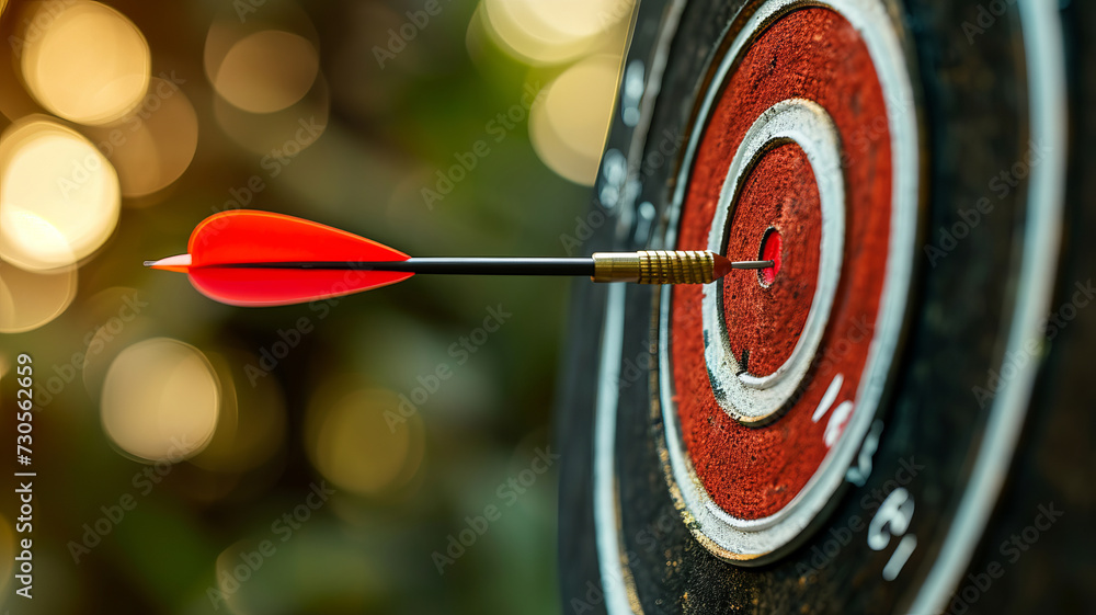 Perfect aim captured with an arrow hitting the bullseye, metaphor for ...