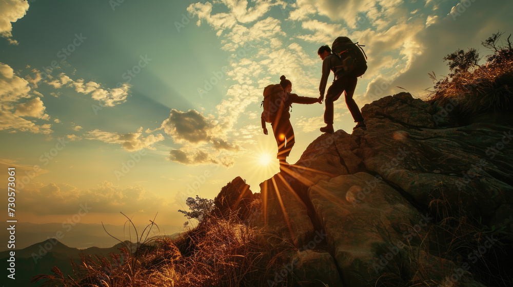 Silhouette photo of mountain climber helping his friend to reach the ...