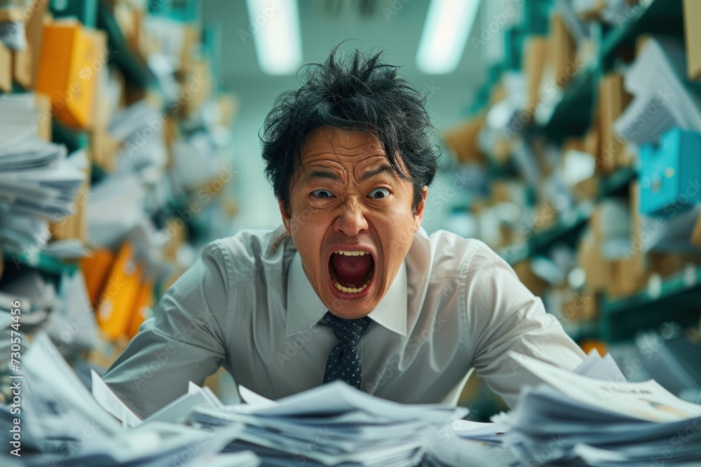 Pissed off asian office worker cluttered with paperwork shouting, theme ...
