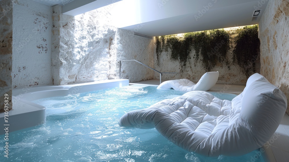 A room with a soaking tub inside a spa business There is a floating bed ...