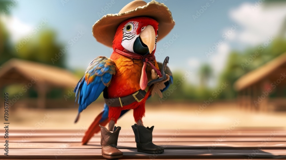 Cartoon scene A parrot dressed in a cowboy hat and boots takes center ...