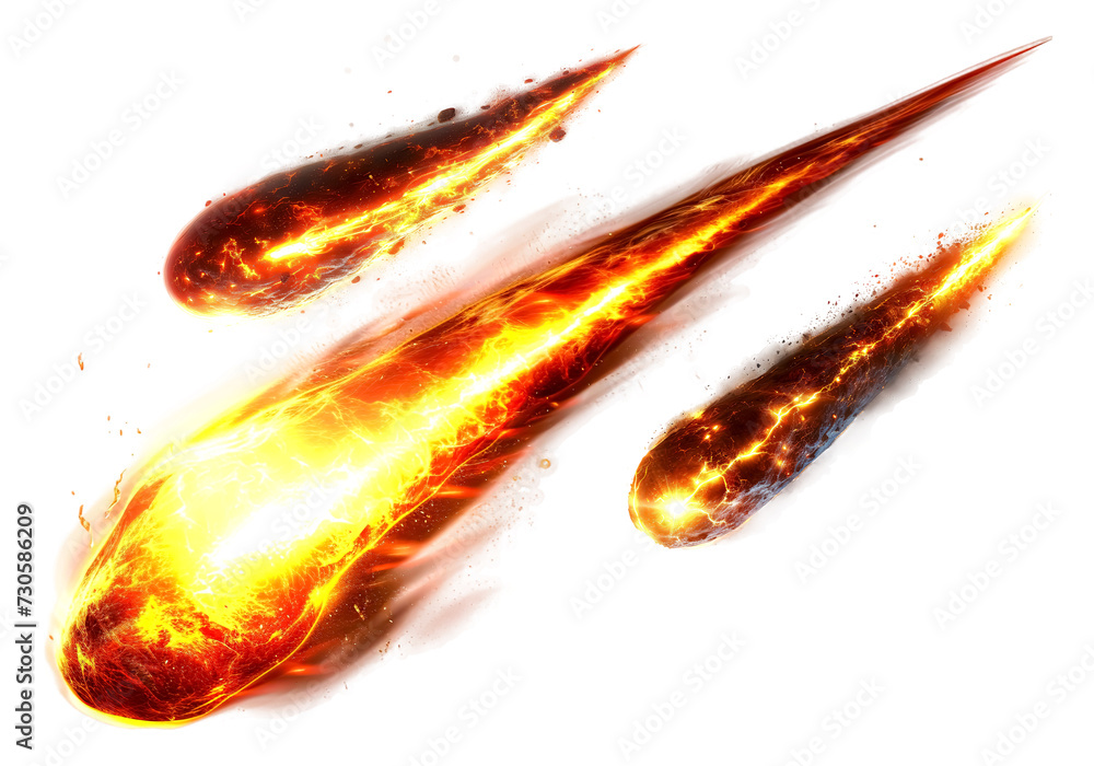 Three fiery comets, ablaze with vibrant hues, streaks across isolated ...