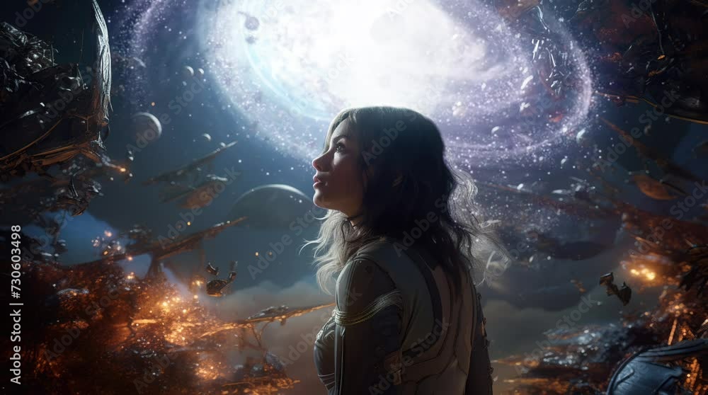 Vidéo Stock Courageous girl embarks on an interstellar adventure ...