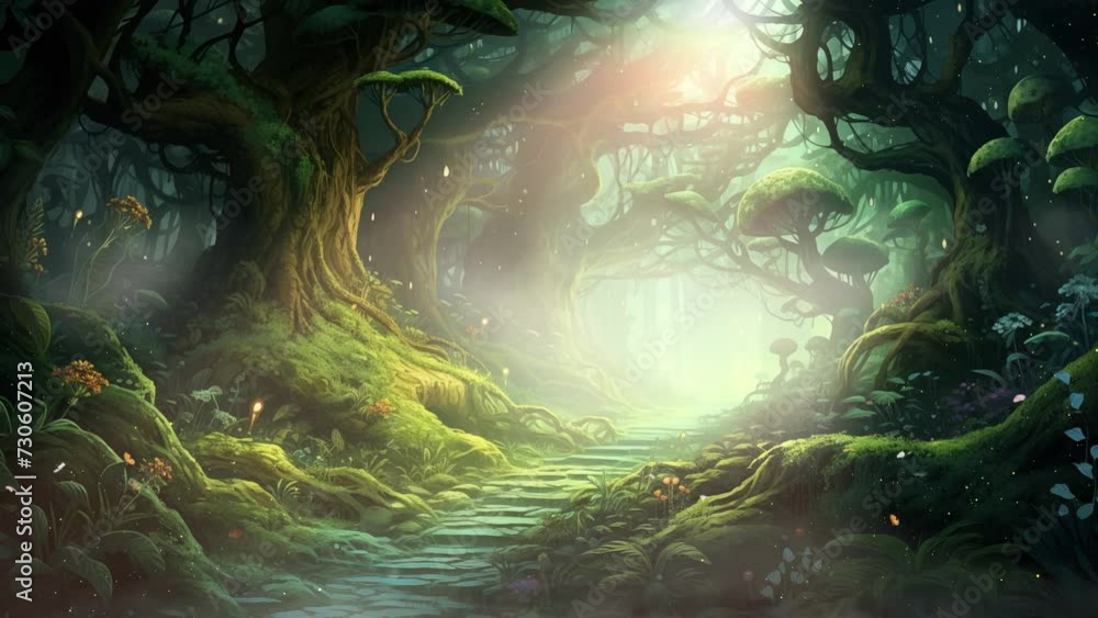 Illustration of the green forest fantasy landscape. seamless looping ...