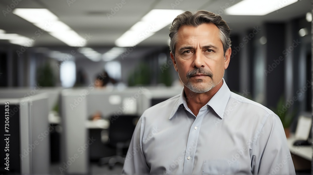 Portrait of middle aged man working as office clerk on modern office ...
