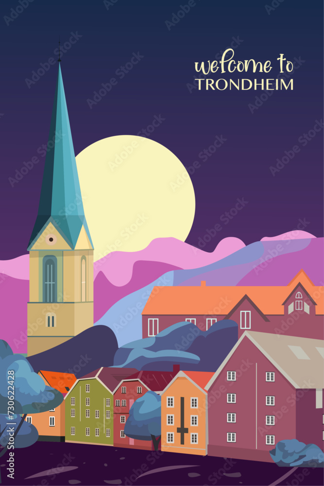 Trondheim retro city poster with abstract shapes of skyline, buildings ...