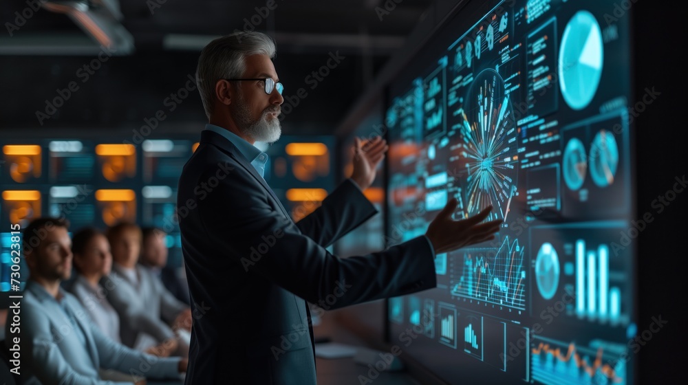 Tech-savvy leader presenting groundbreaking idea to investors, digital ...