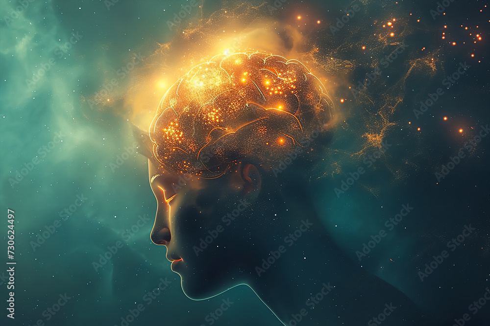human head floating in space, with the brain visible and depicted as a ...