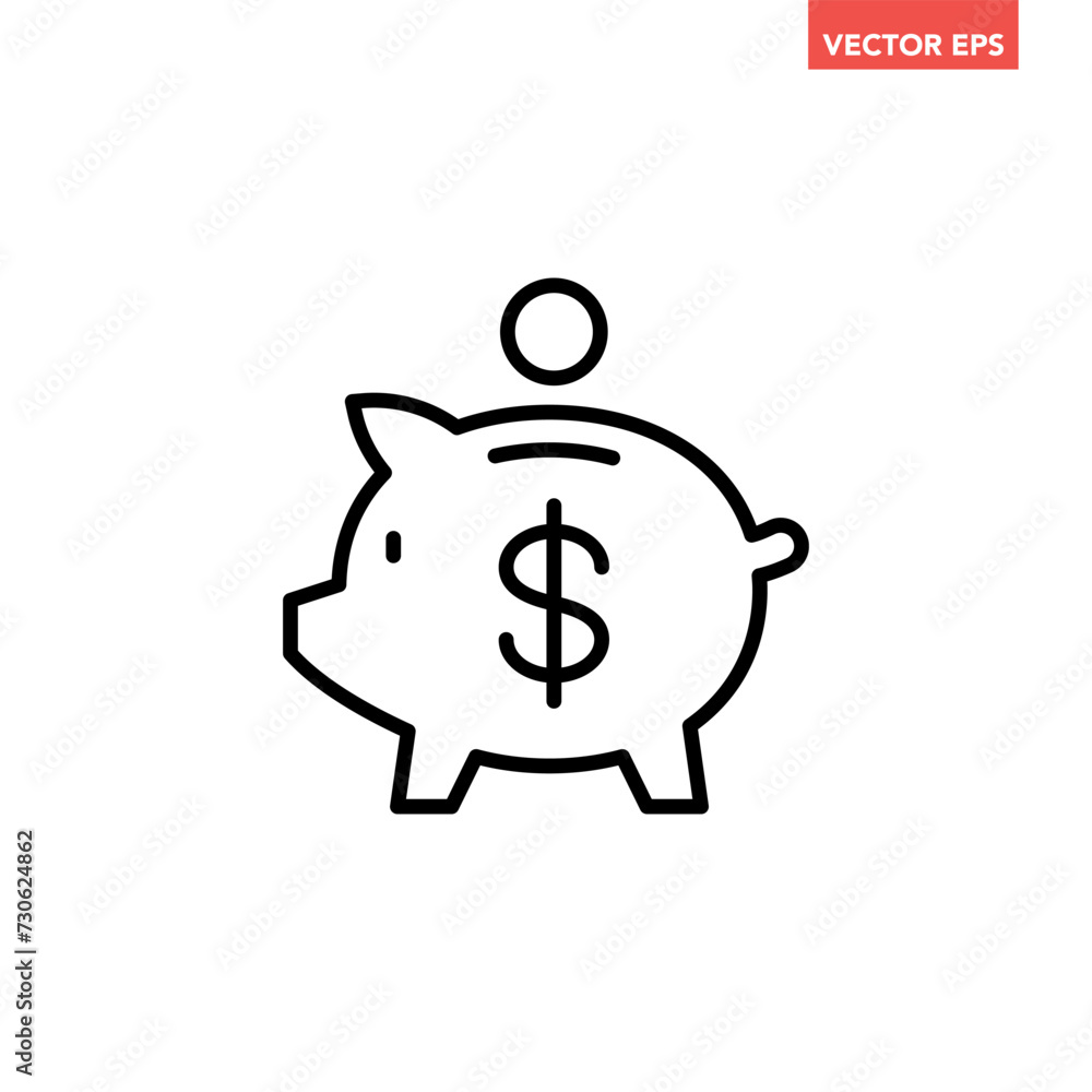 Black single piggy bank thin line icon, simple financial money saving ...