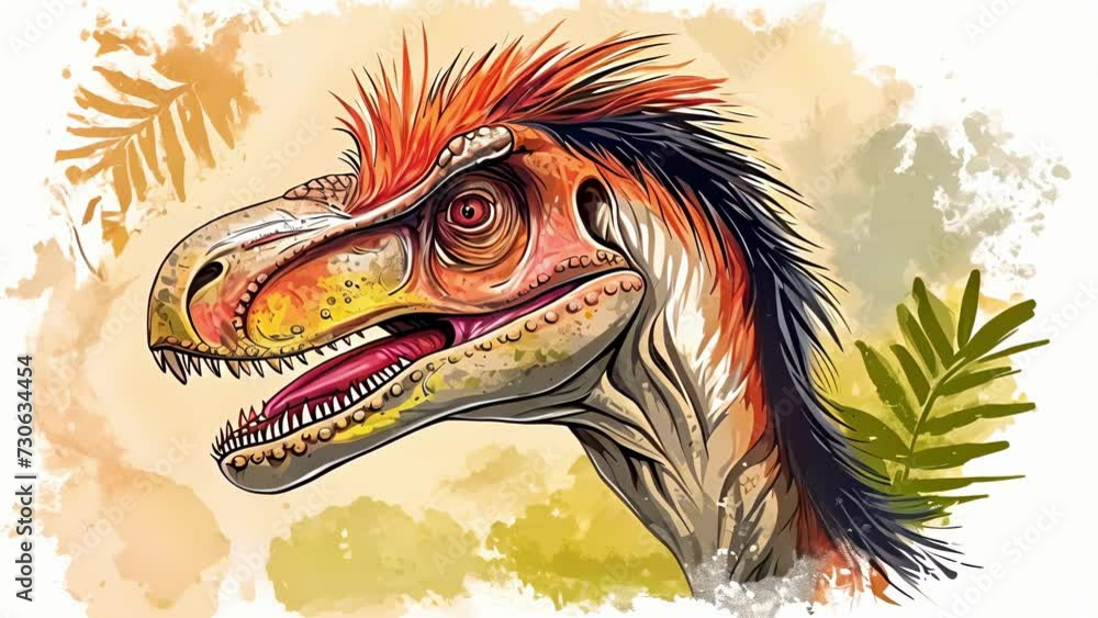 A detailed drawing of a feathered dinosaurs head showcasing specialized ...