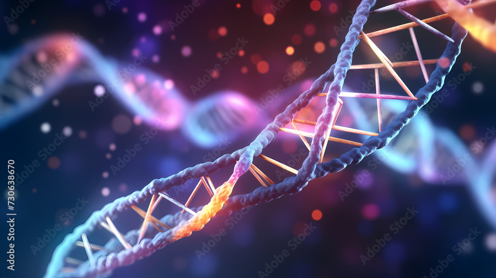 3D rendering genetic diagram of human DNA under microscope Stock ...