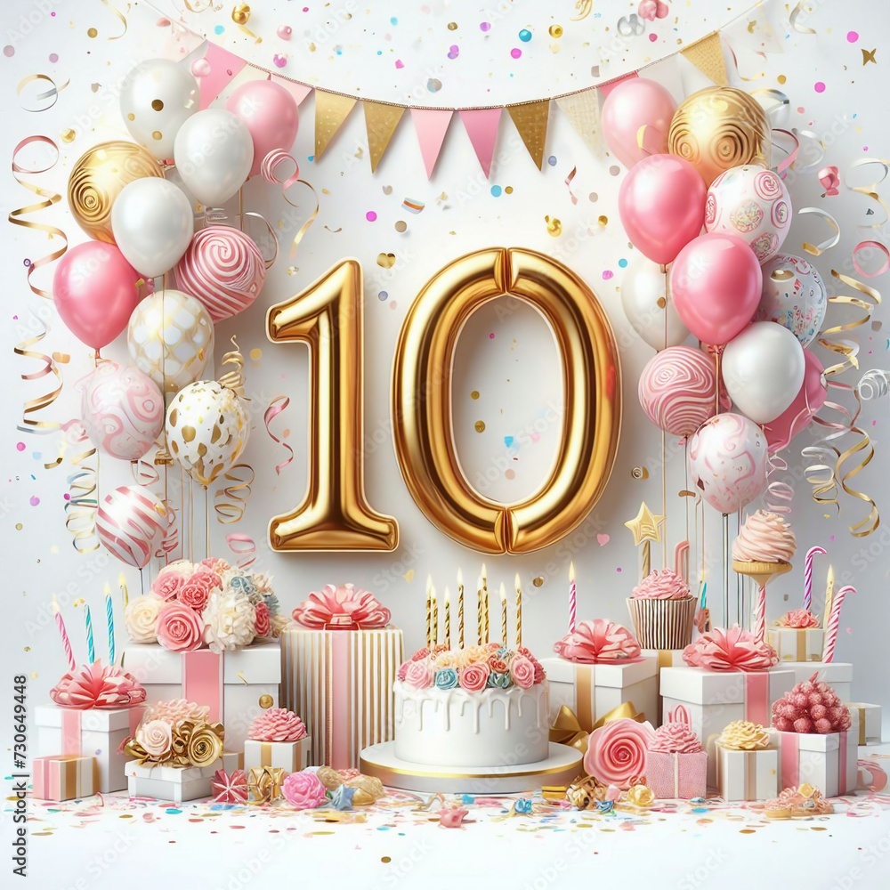 Vector Illustration of a Number 10th Birthday Balloon Celebration Cake ...