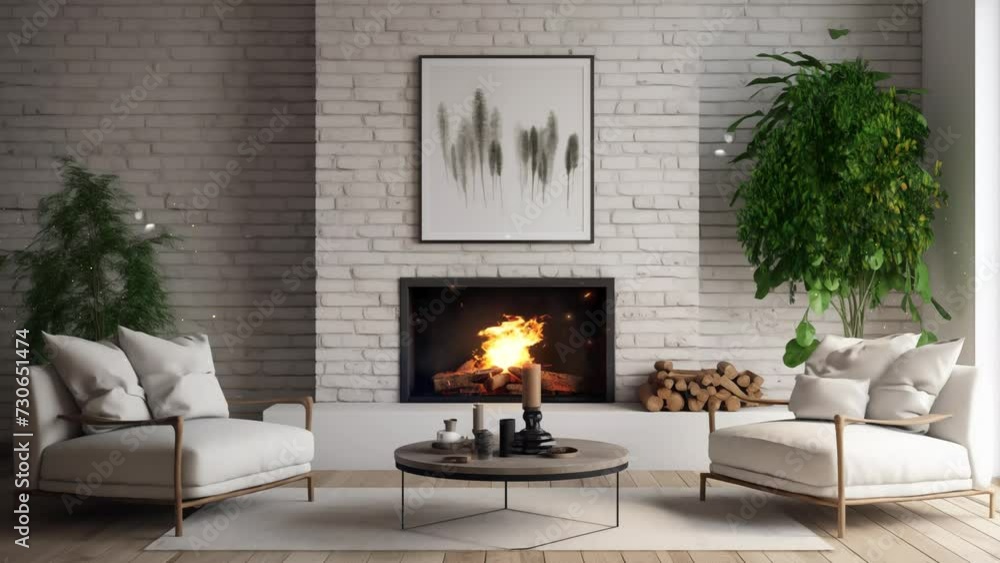 fireplace on brick wall in bright living room interior. modern living ...