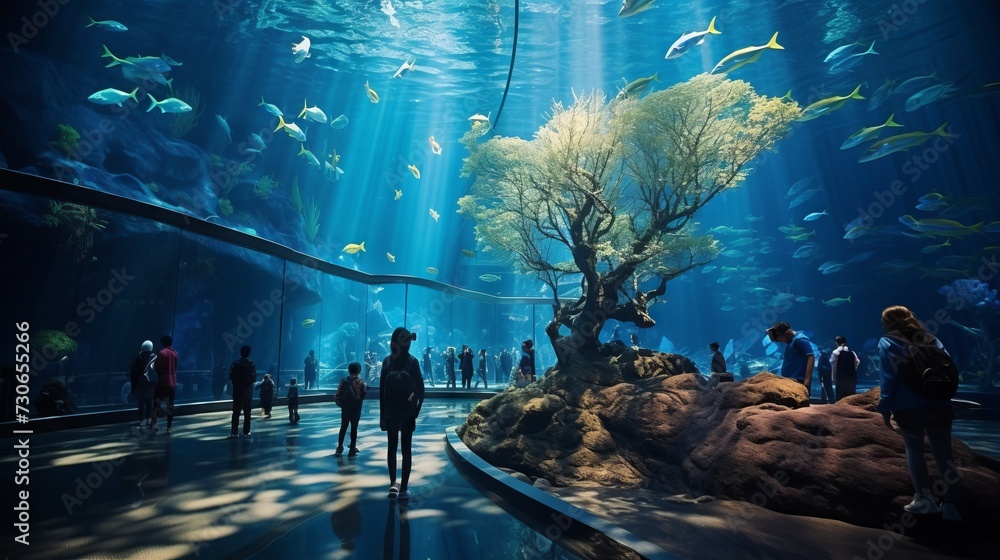 A tour of tourists in a giant aquarium. People admire beautiful fish ...