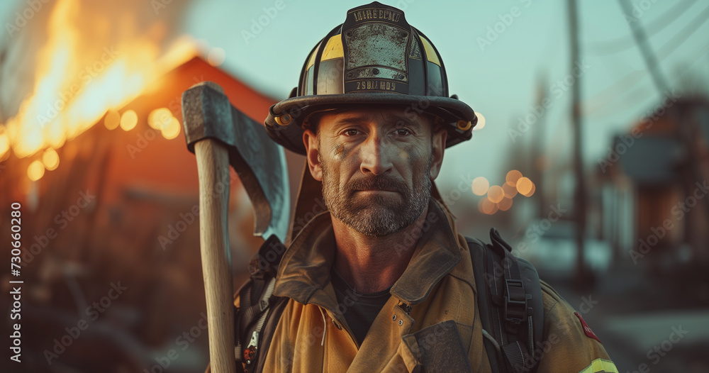 Firefighter portrait on duty. Photo of happy fireman with gas mask and ...