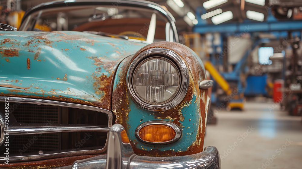 Old, worn out and rusty classic car inside a garage. Ready to under go ...
