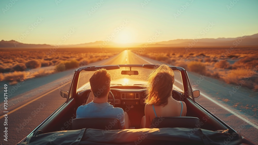 A couple drives into the sunset in a convertible car, embracing the ...
