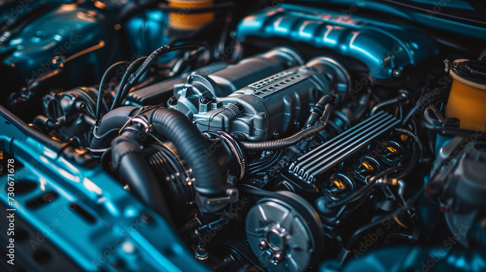 Under the hood of a new car. Showing components that make the internal ...