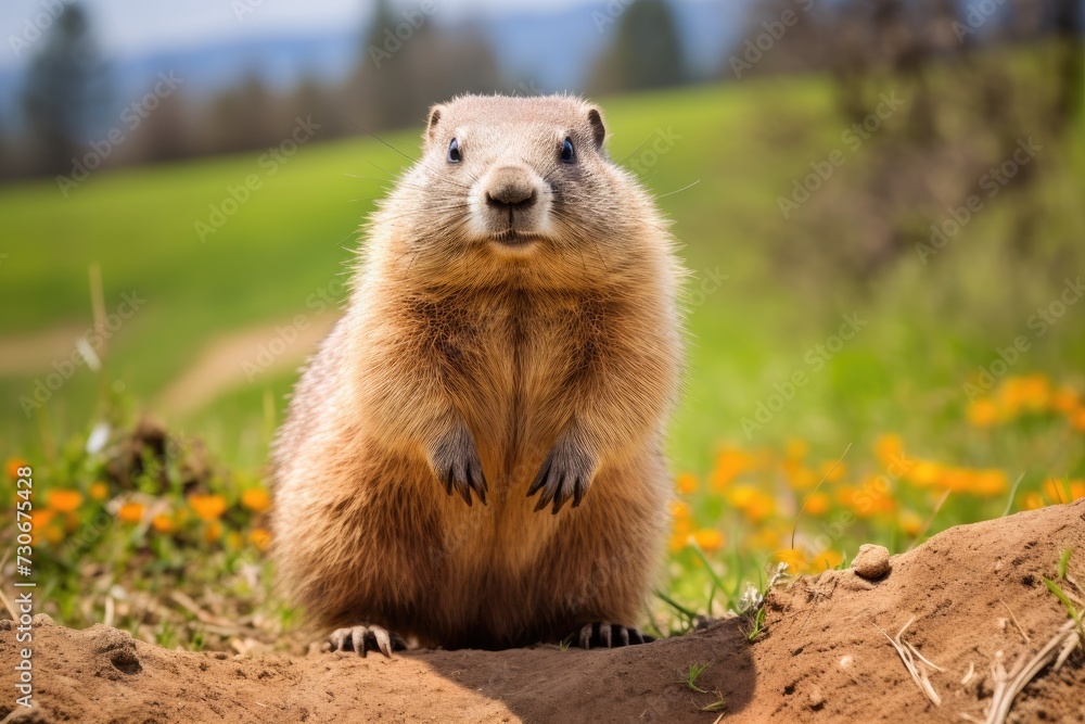 A groundhog stands on its hind legs in a grassy field, displaying its ...