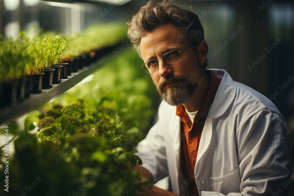 Bearded Scientist with Glasses in White Lab Coat Examining Plants in a ...
