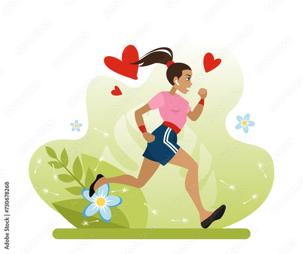 A girl on a run in the summer. Running outdoors is a healthy lifestyle ...