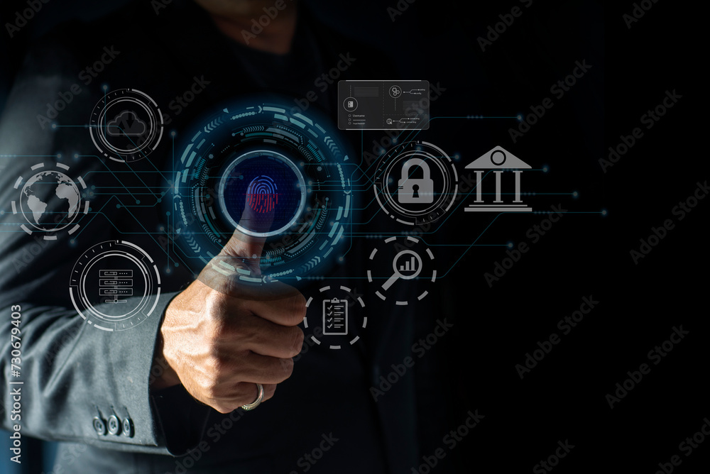 Businessman protecting personal data on finger print with virtual ...