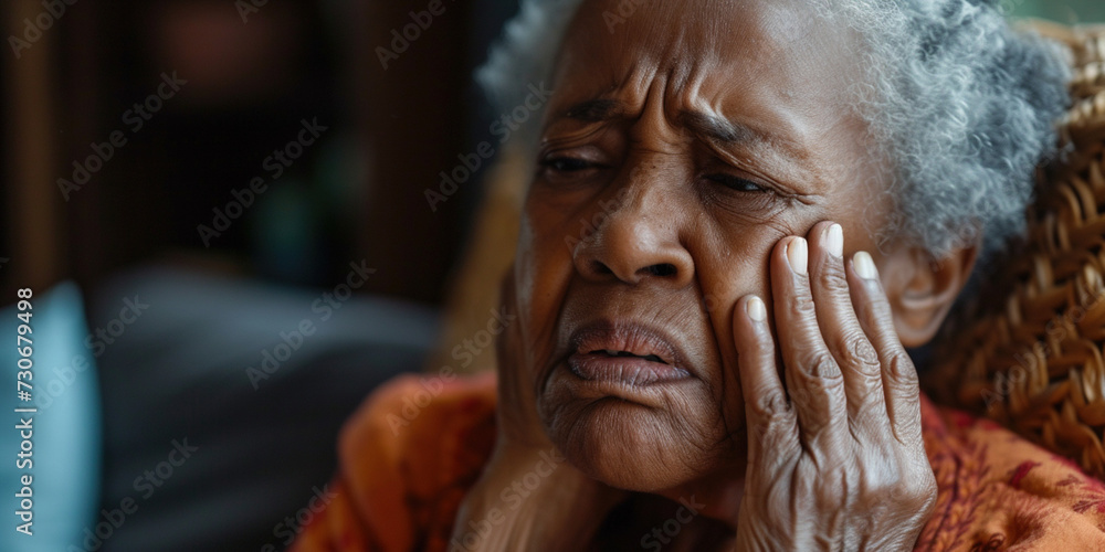 Old woman suffers acute toothache, periodontal disease, cavities or jaw ...