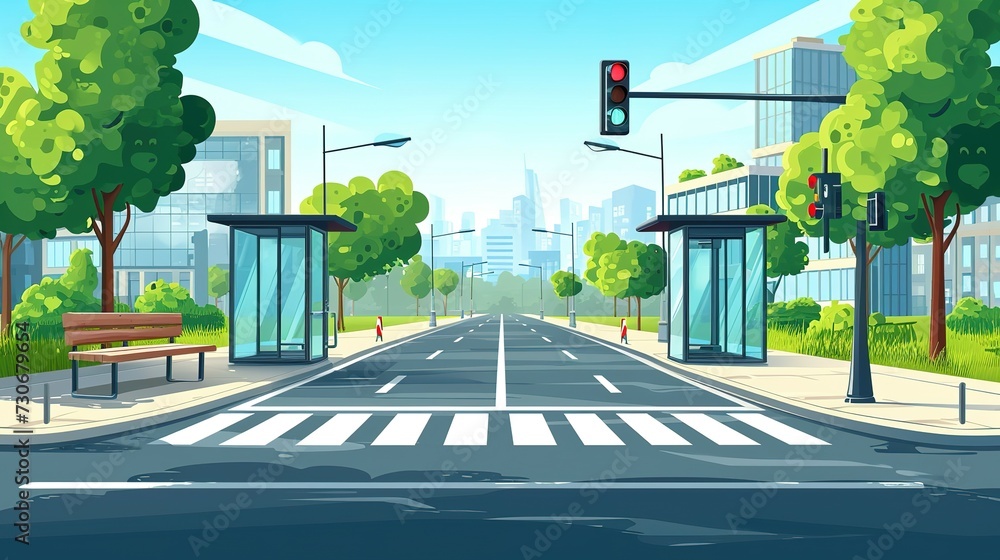 City street with road crossing and park. Vector cartoon illustration of ...
