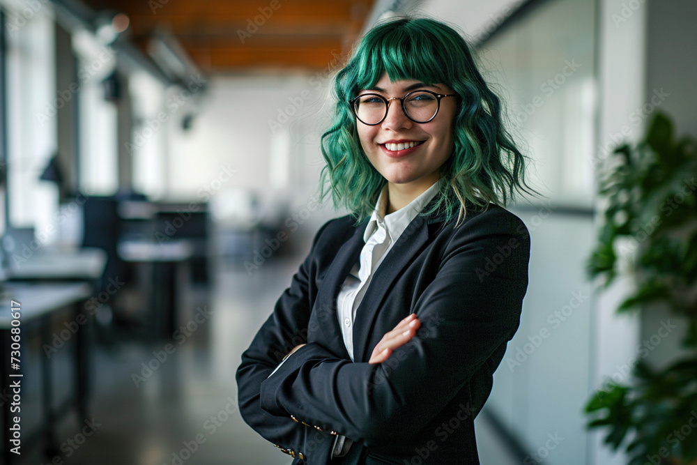 Smiling non-binary woman with long dyed green hair arms crossed looking ...