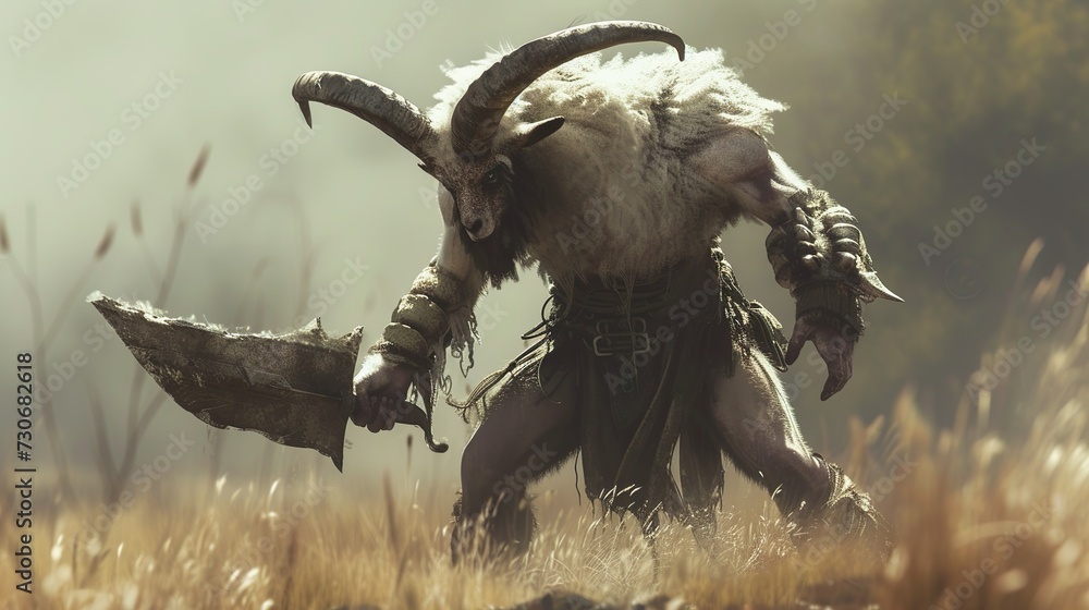 "Epic Guardian: The Strong Goat Humanoid, Clad in Tanky Armor, Wielding ...