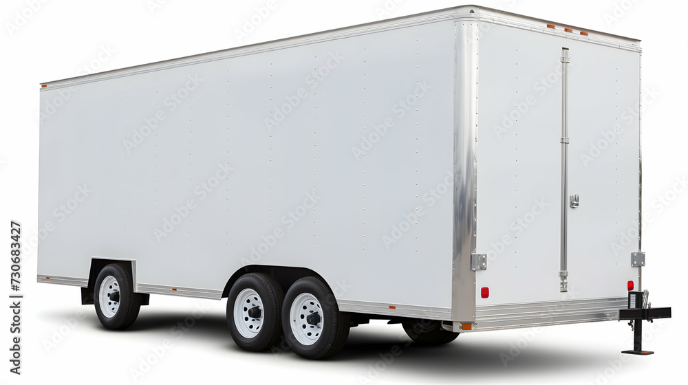 Side view of a white utility trailer isolated against a plain ...