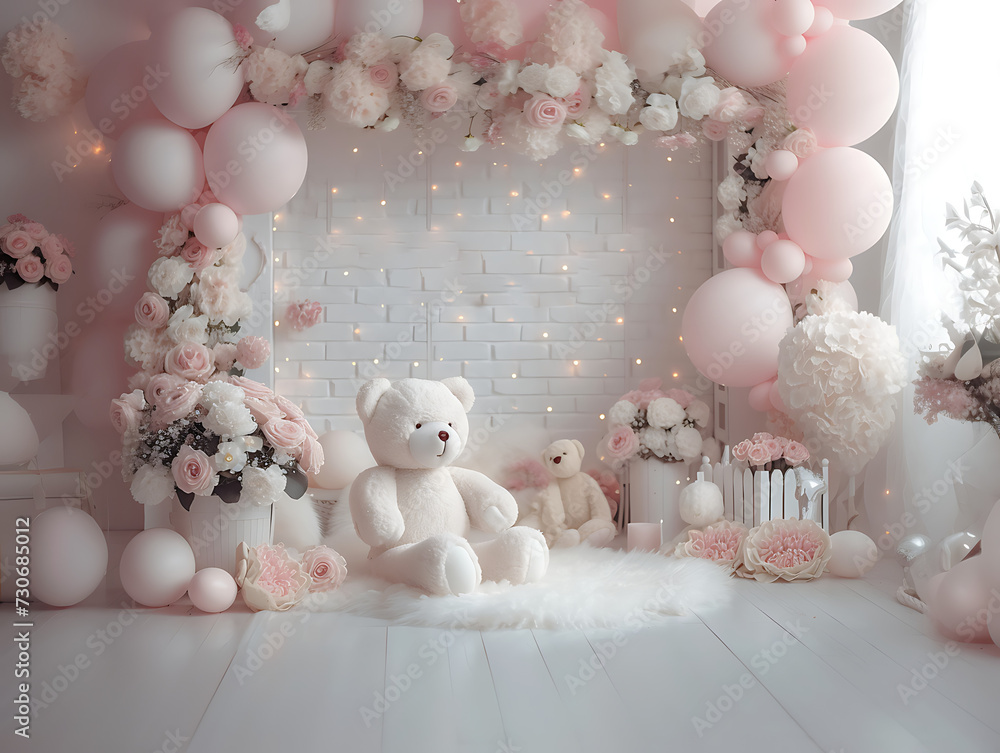 Pink Teddy Bear Digital Background for Baby Birthday Cake Smash Studio ...