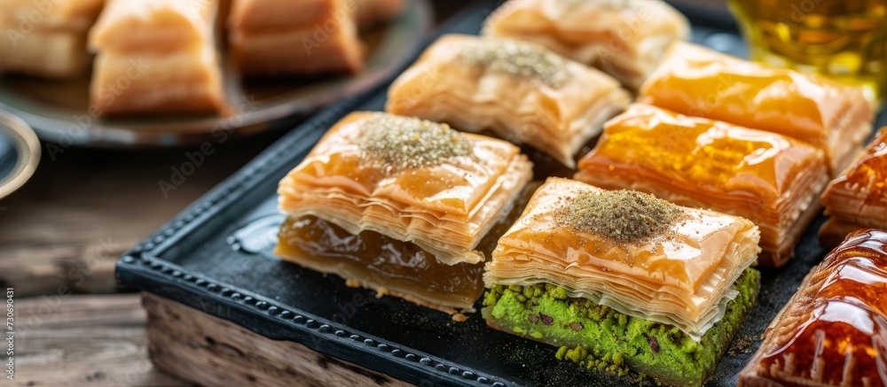 Arabic sweet pastries like baklava, warbat, kunafa, and kadayif with ...