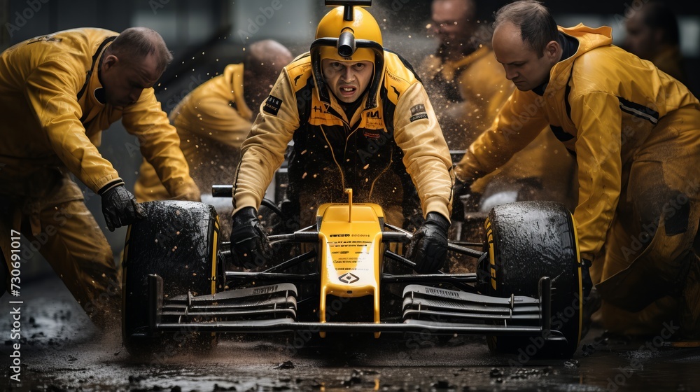 Formula 1 Pit Crew in Controlled Chaos. Rapid, Precise Tire Change in ...