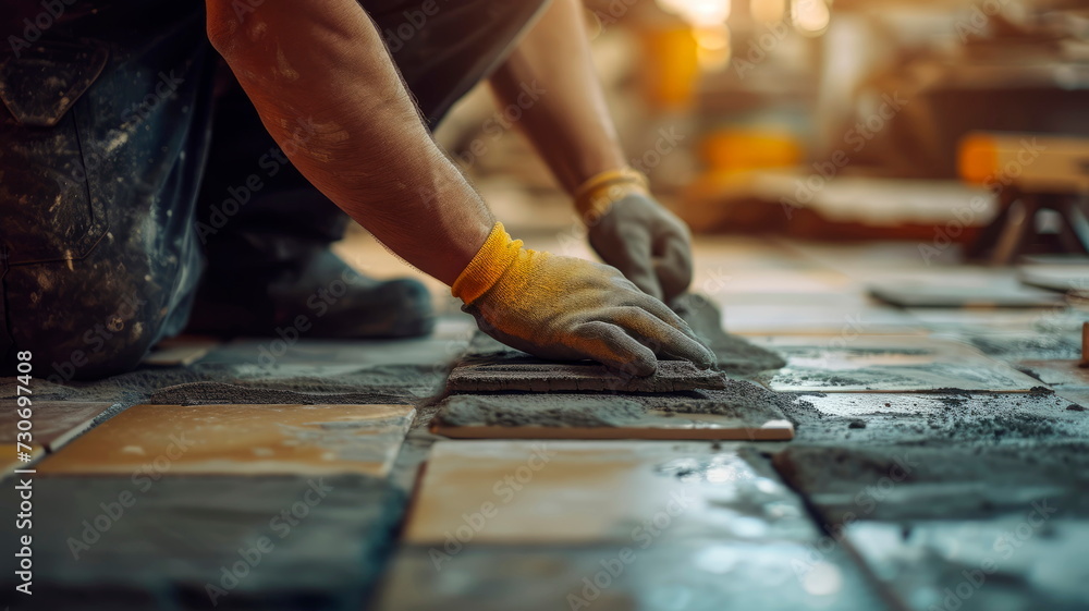 Foto de worker carefully laying new tiles, highlighting the precision ... Foto de worker carefully laying new tiles, highlighting the precision ...