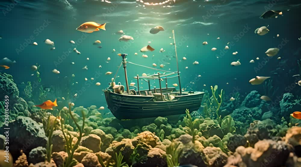 Abstract animation ship beneath the waves. Submerged, underwater, ship ...