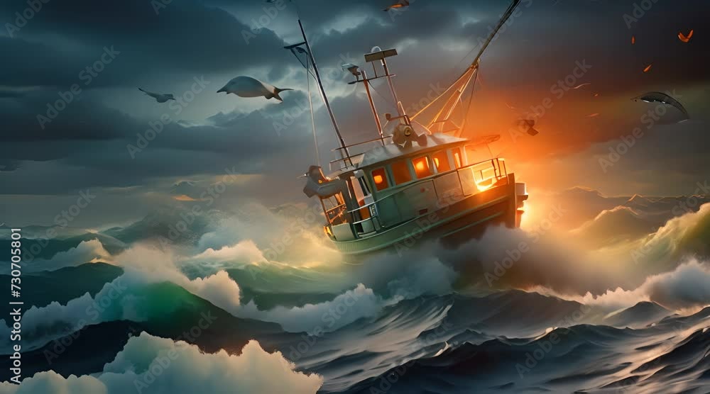 Abstract animation ship in storm on the open ocean. Tumultuous seas ...