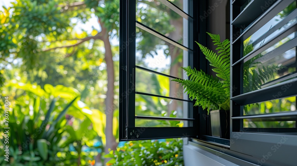 Awning window frame open, black metal detail with nature view and free ...