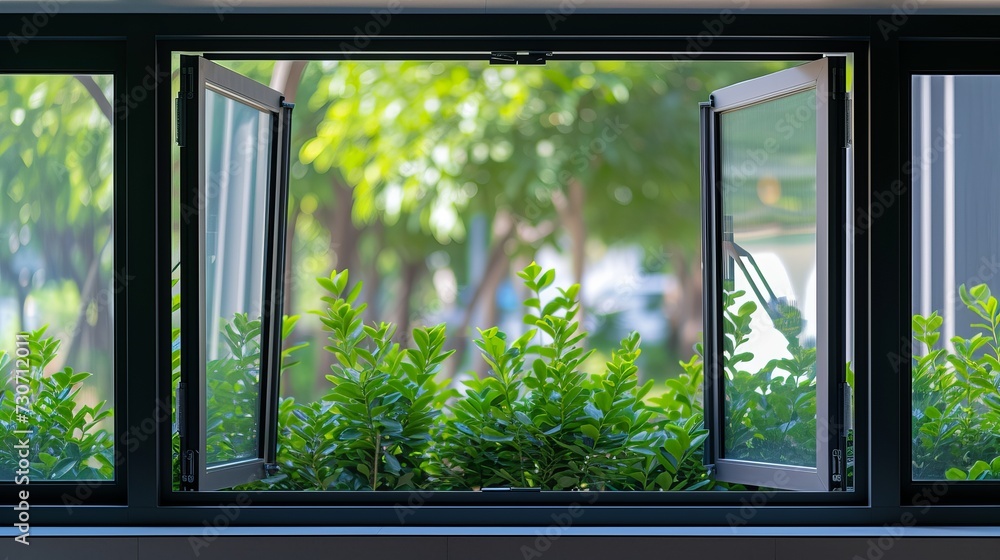 Awning window frame open, black metal detail with nature view and free ...
