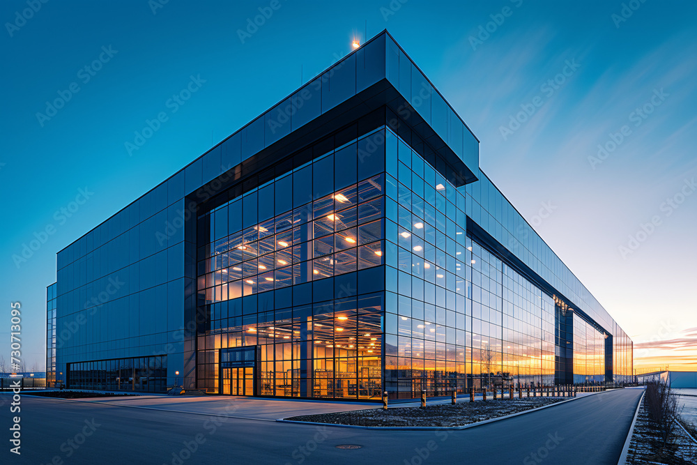 logistics center, headquarters or large office under a blue sky. New ...