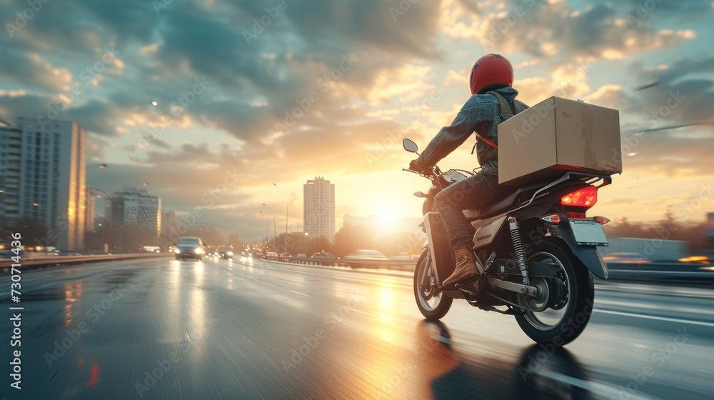 A food delivery worker carries a box of food and drives a bigbike on ...