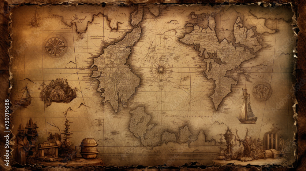 Vintage world map on aged paper with nautical details. Exploration and ...