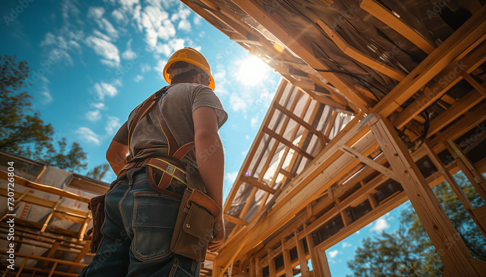 A man builder in a helmet builds the frame of the roof of the house ...