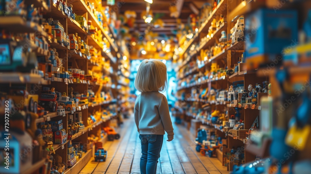 Back view of a child in a grey sweater exploring a toy store aisle ...