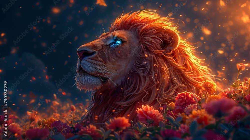 Fiery Lioness: A Glorious Sight in the Flower Field Generative AI Stock ...