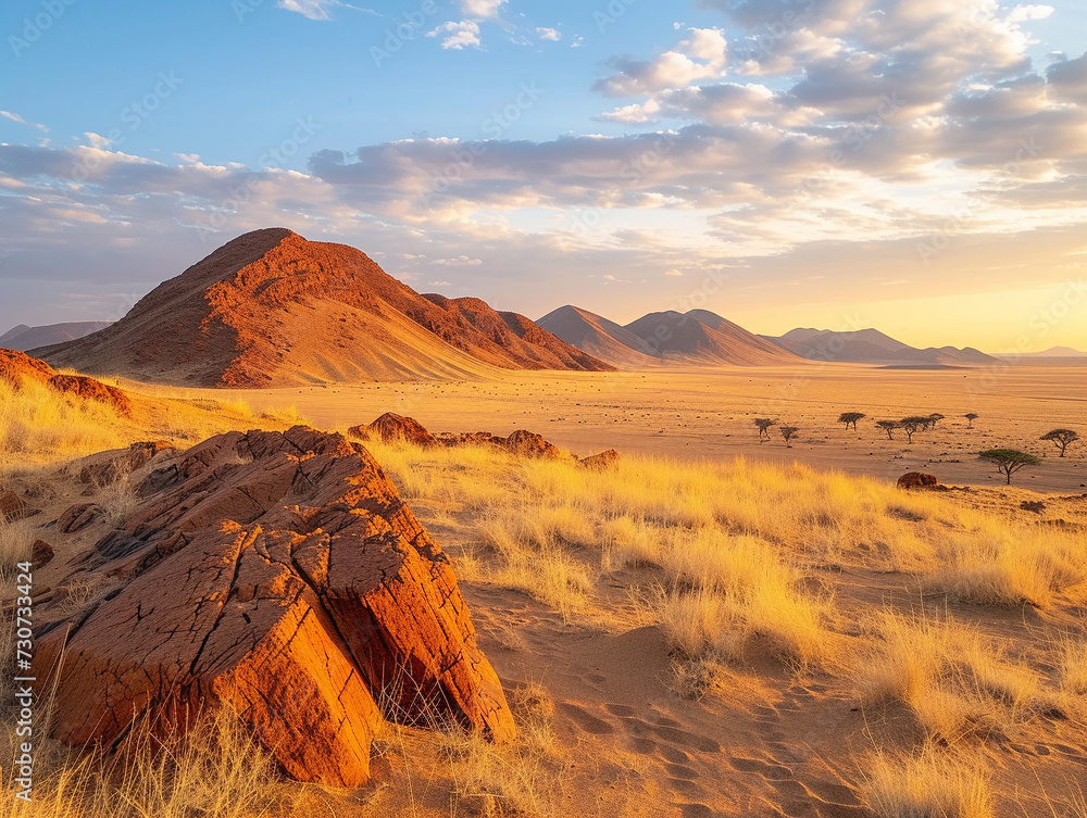 Lonely safari scenery in Namibia, with a cinematic sunrise highlighting ...